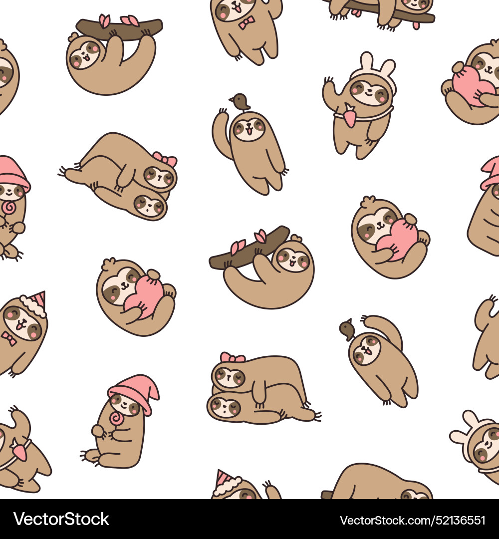 Cute kawaii sloth character seamless pattern Vector Image