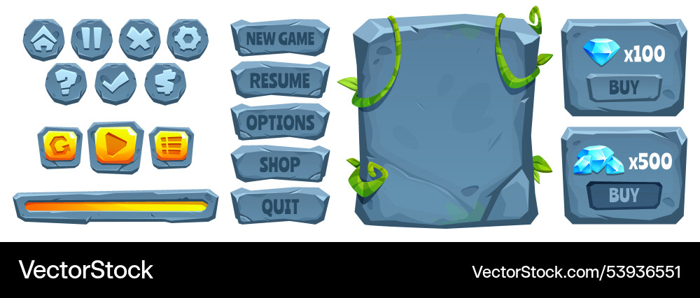 Jungle stone game ui buttons set Royalty Free Vector Image