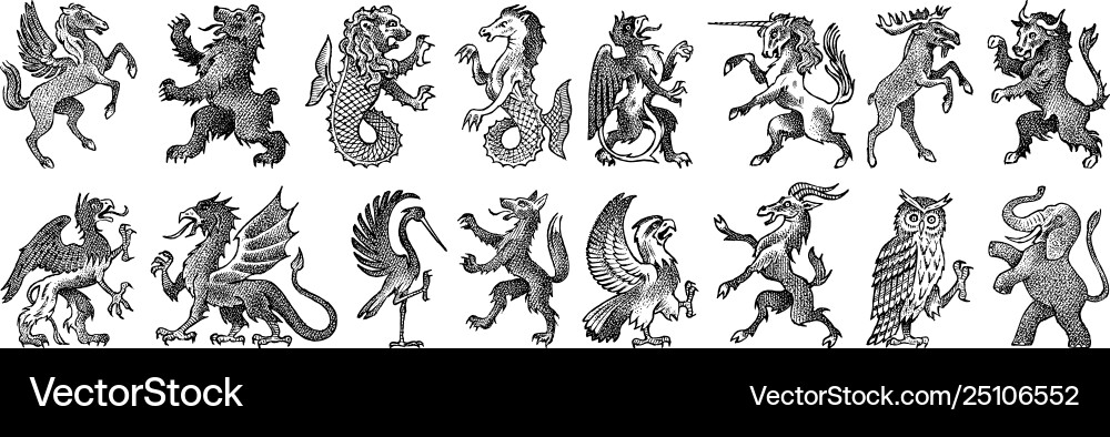 Animals for heraldry in vintage style engraved Vector Image