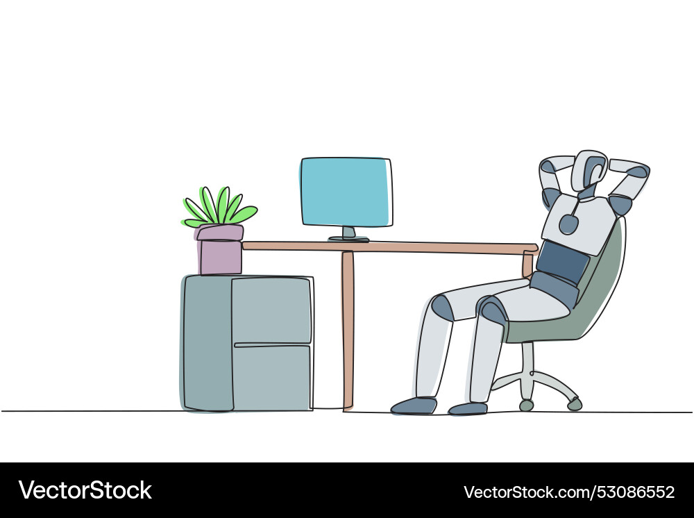 Single one line drawing robot sitting in work Vector Image