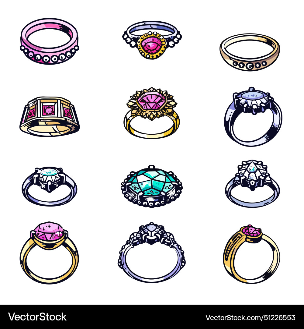 Collection colorful engagement rings various Vector Image