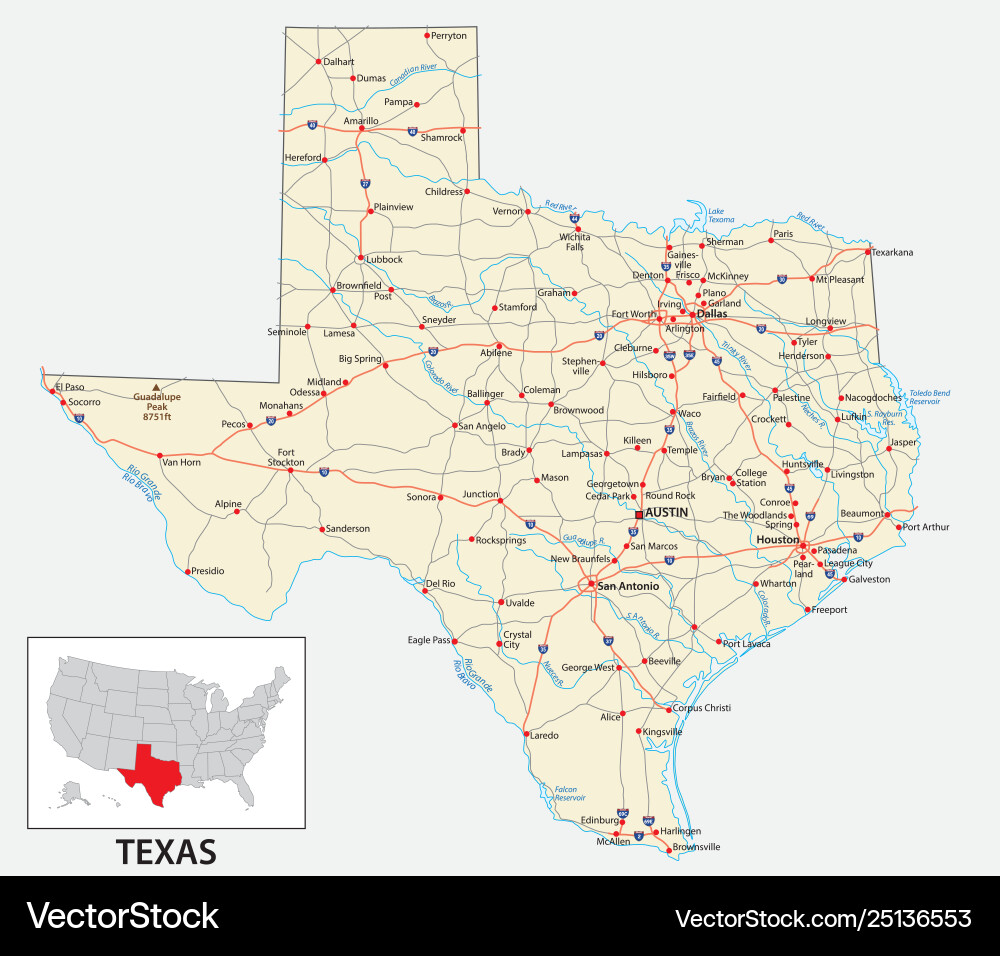 Road map us american state texas Royalty Free Vector Image