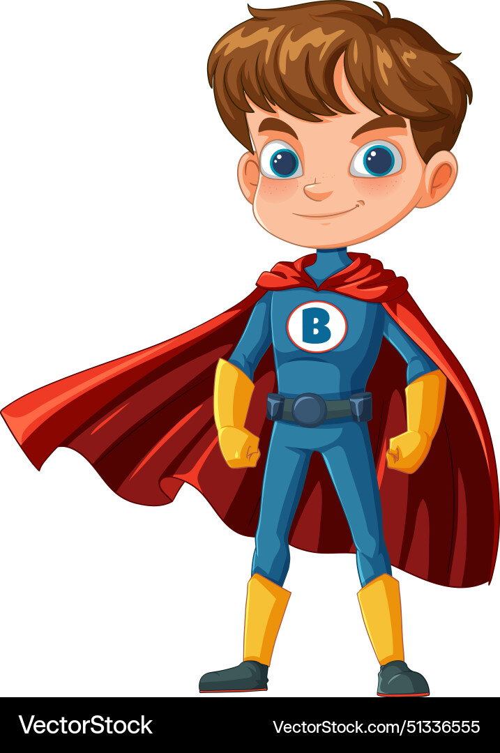 Cartoon boy superhero with cape and confident pose