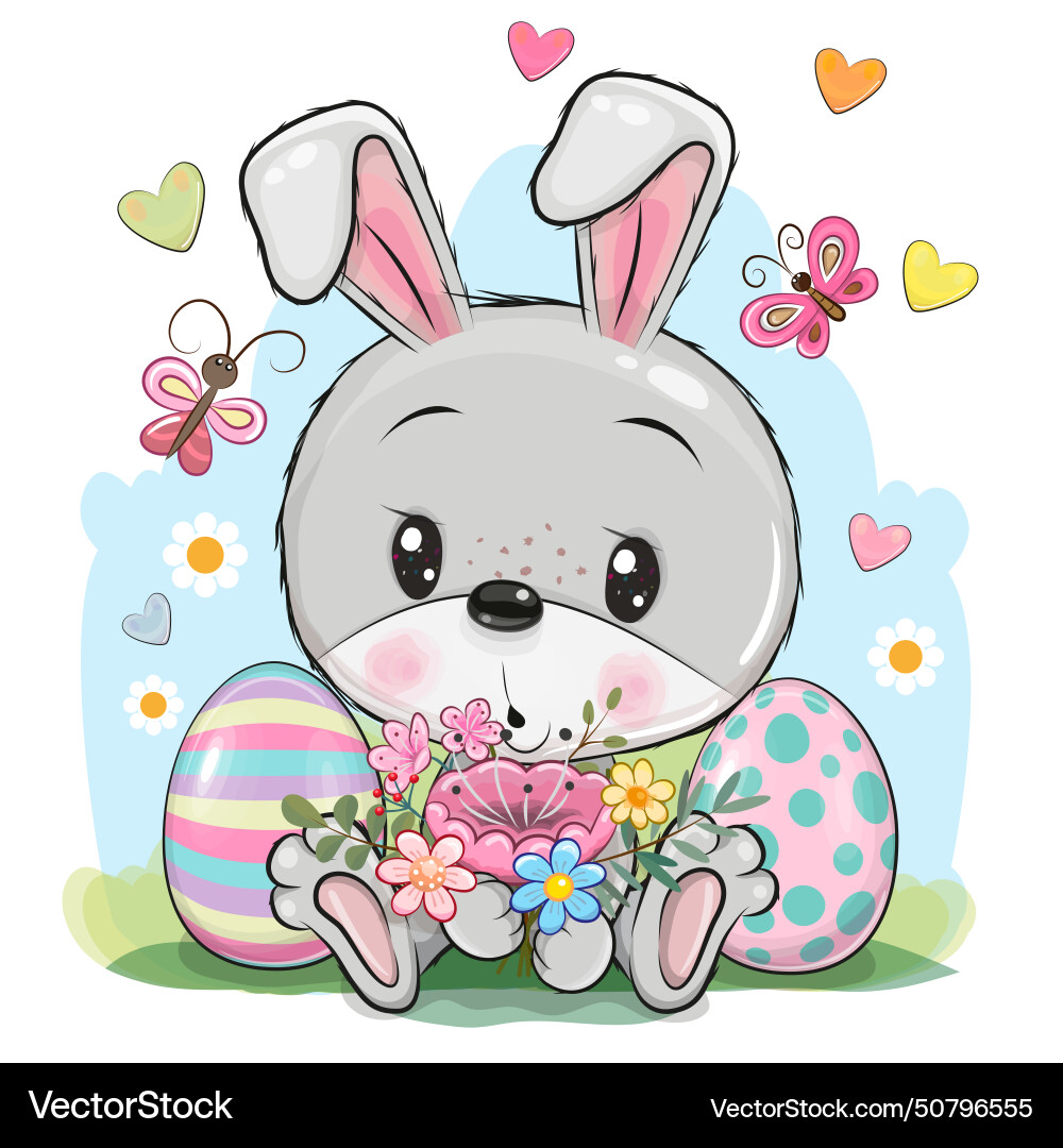 Cartoon easter bunny with a flowers and eggs Vector Image