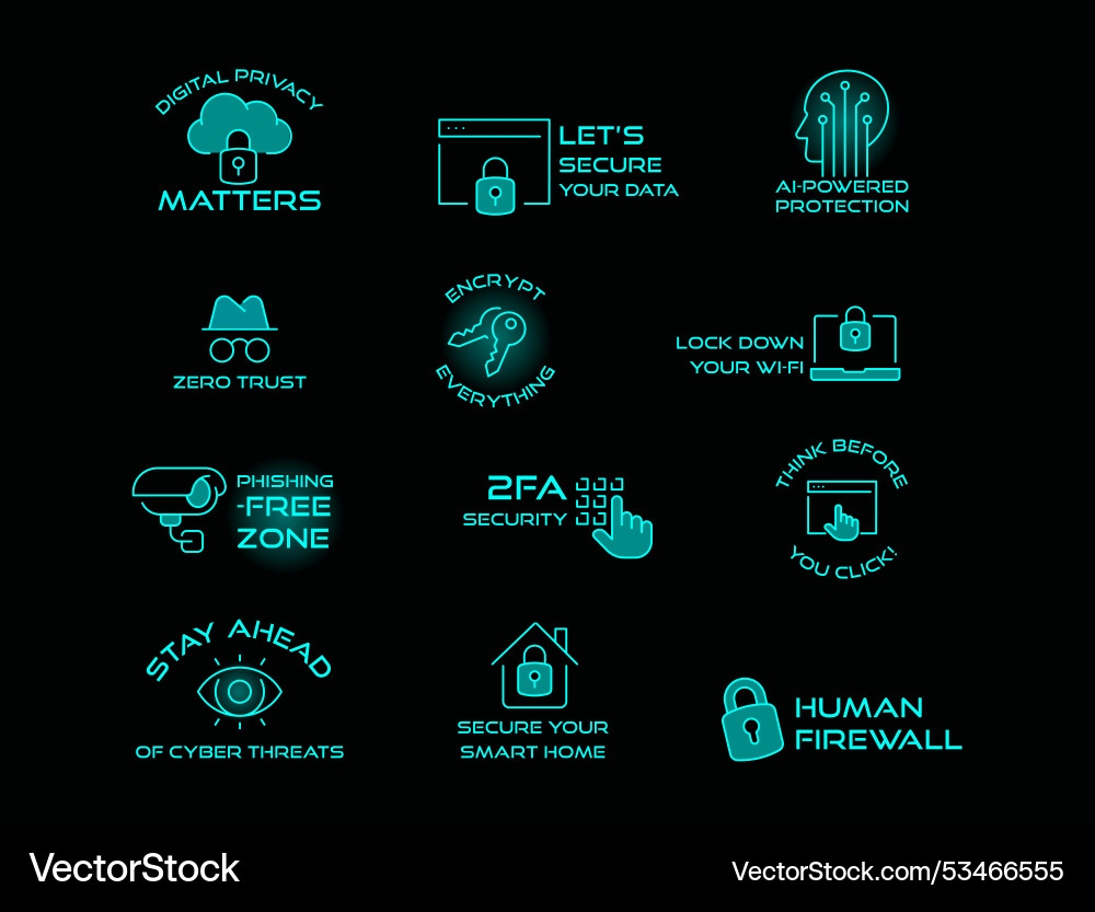 Cyber security illuminated sticker line elements Vector Image