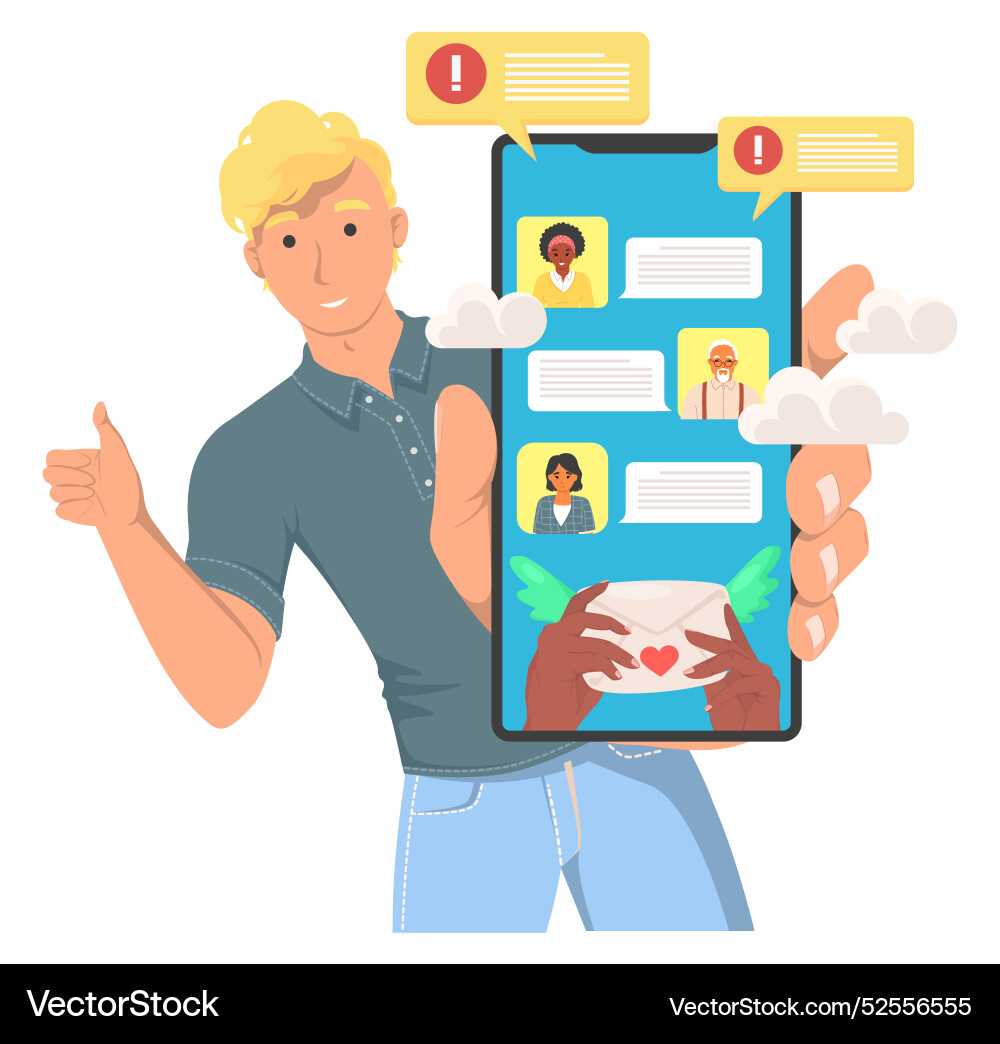 Man user advertising smartphone trendy messenger Vector Image