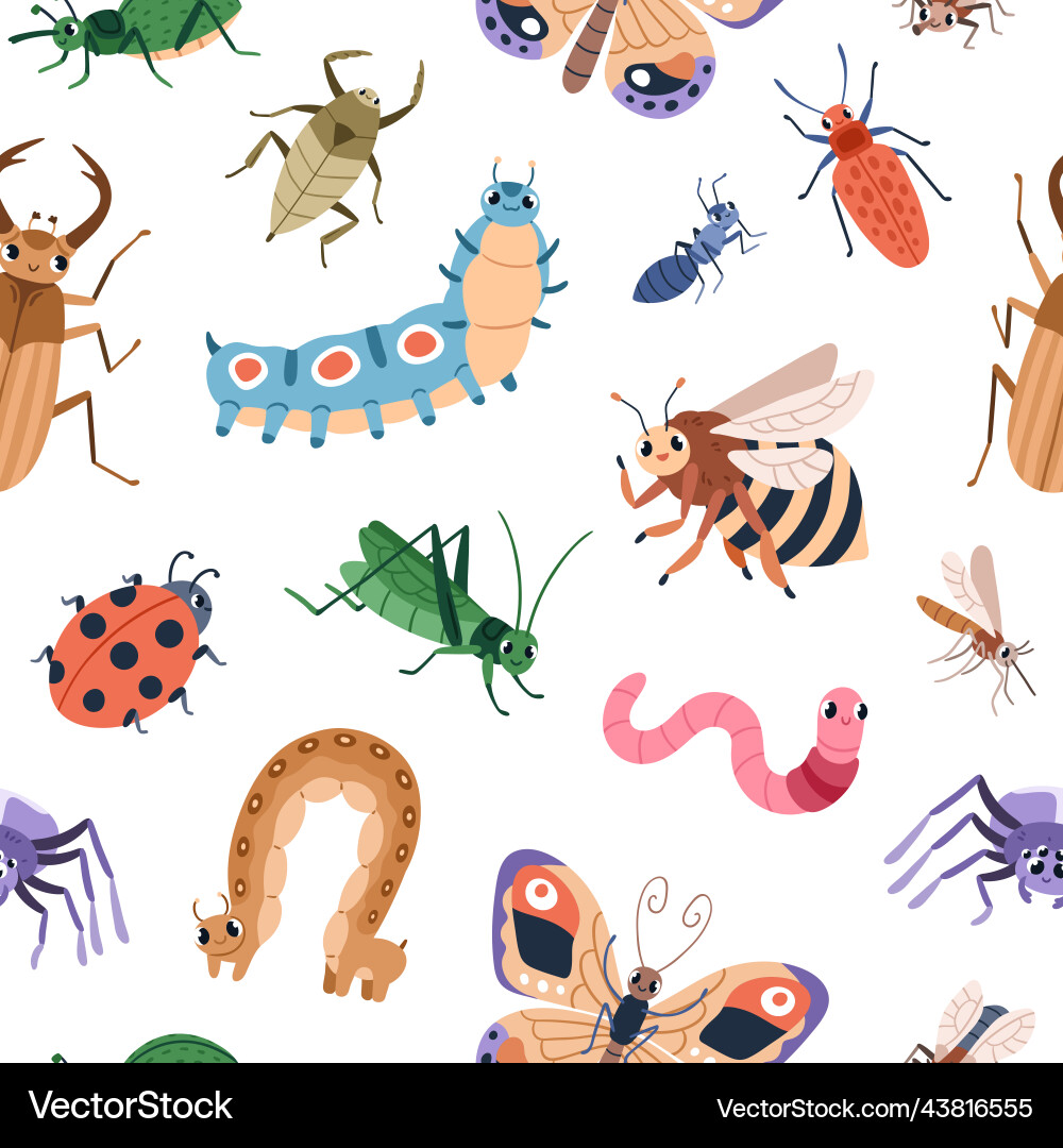 Seamless childish pattern with cute happy insects Vector Image