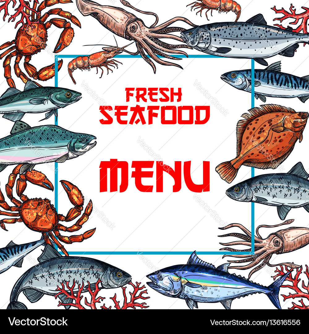 Seafood menu card or poster template Royalty Free Vector