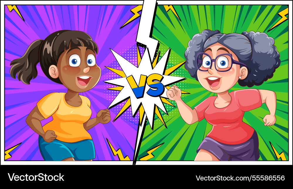 Two cartoon characters in a vibrant face-off Vector Image