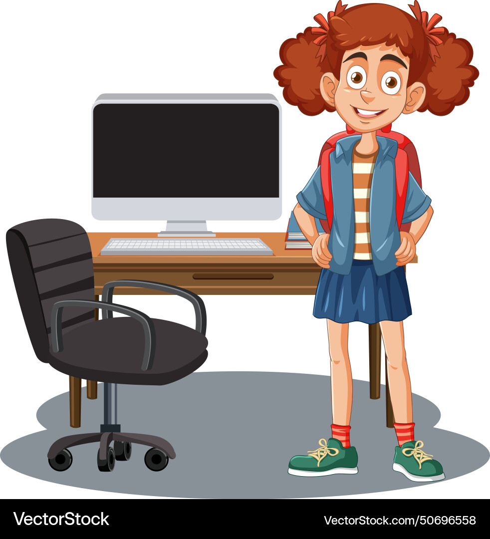 Cheerful girl standing by her computer desk Vector Image