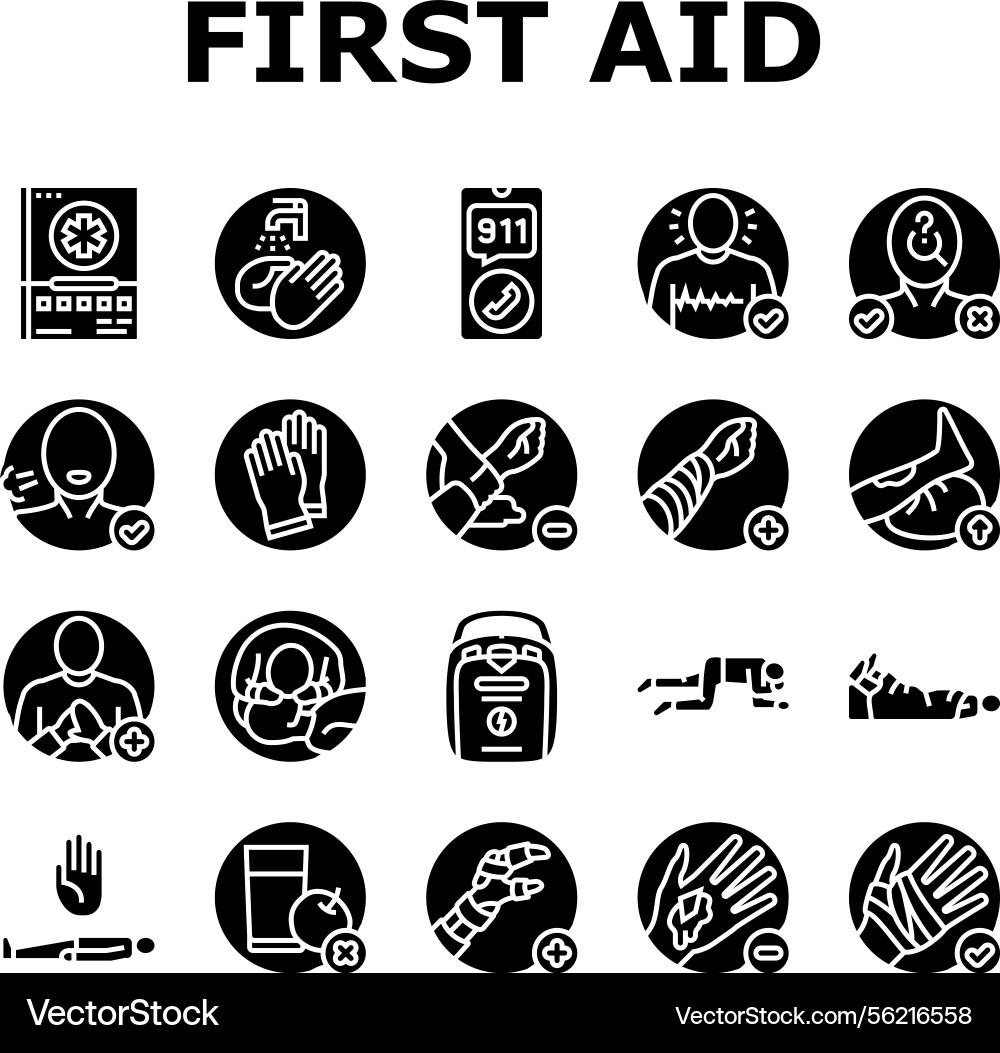 First aid providing cpr bandage icons set Vector Image