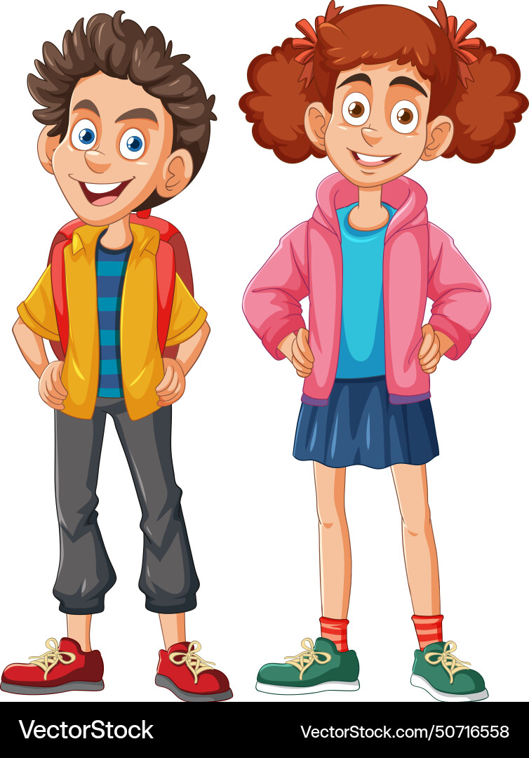 Two cheerful animated children smiling confidently