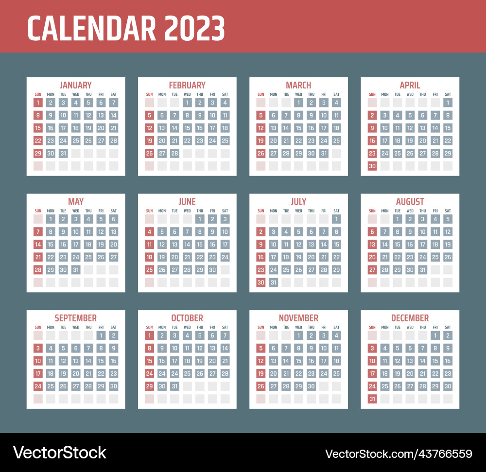 Calendar for 2023 starts sunday Royalty Free Vector Image
