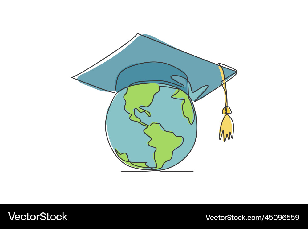 Earth globe with graduation hat one line drawing Vector Image