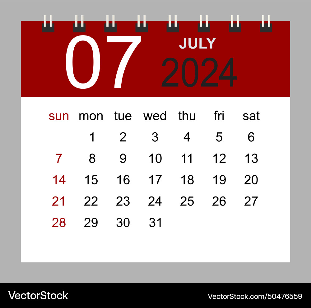 July 2024 monthly calendar template Royalty Free Vector