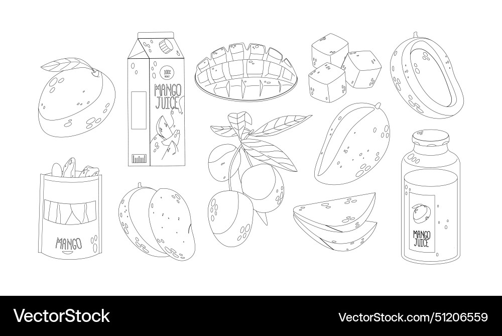Mango fruits outline icons various products Vector Image