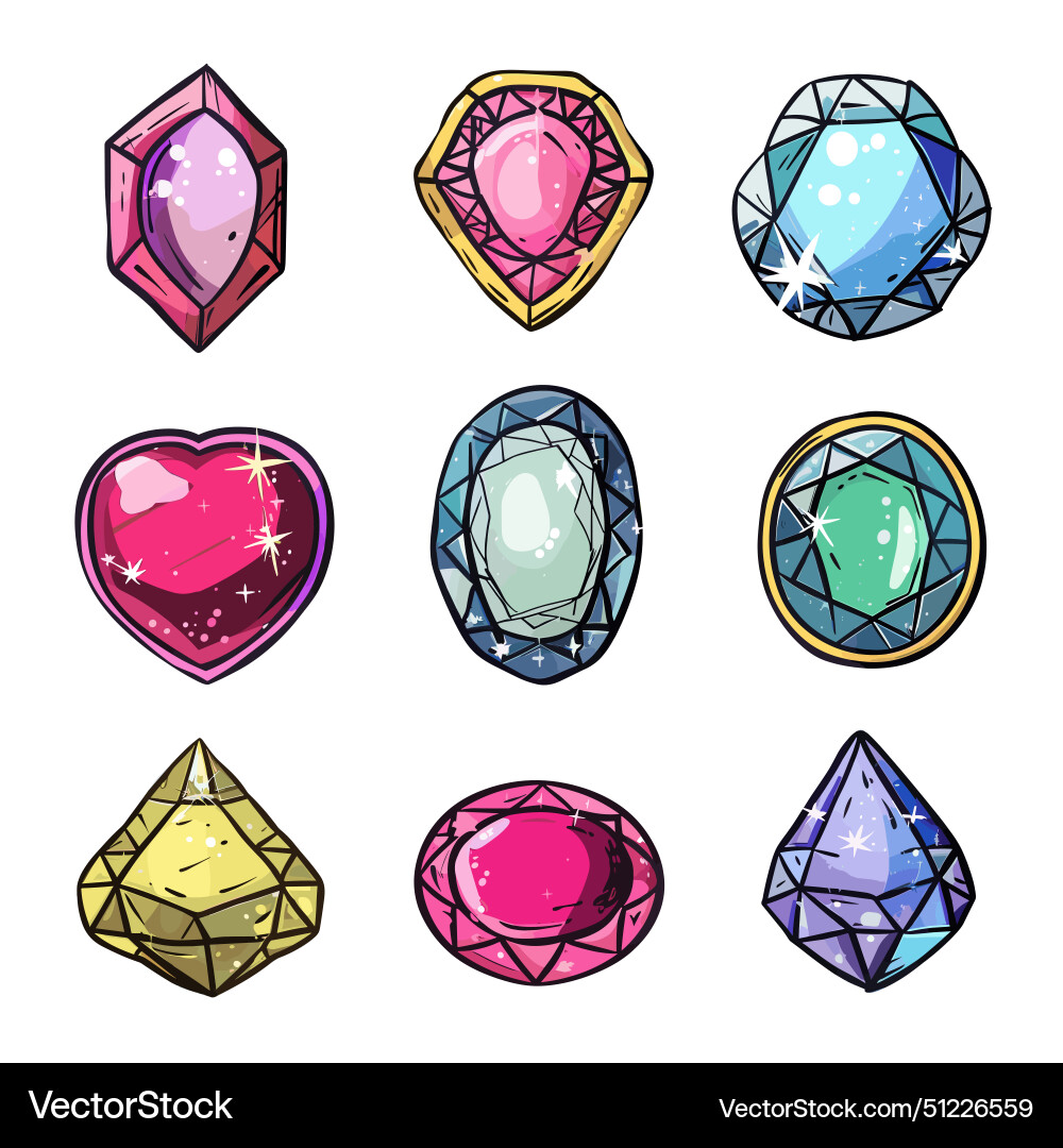 Set nine colorful gemstones various shapes Vector Image