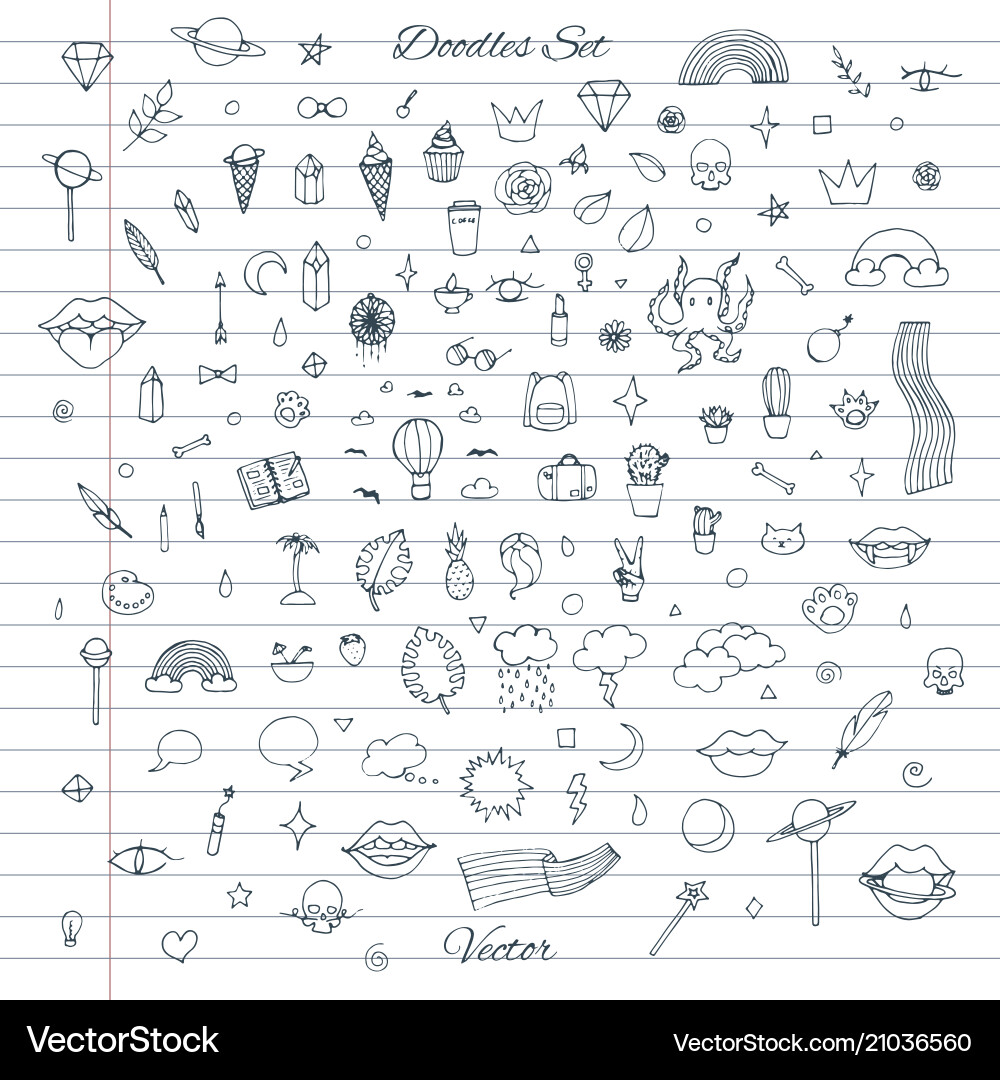 Set of random doodles with clouds rainbows lips Vector Image