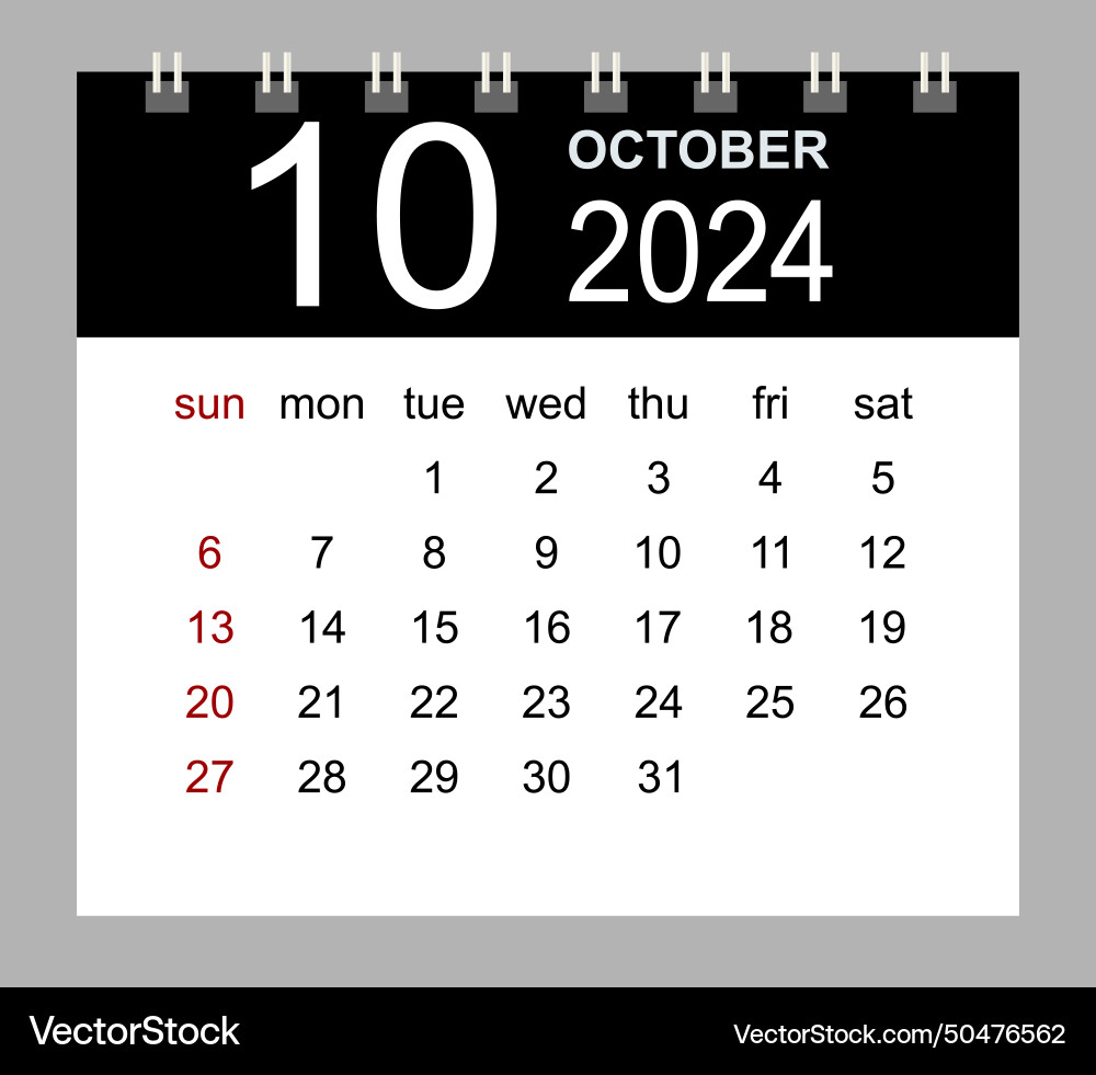 October 2024 monthly calendar template Royalty Free Vector