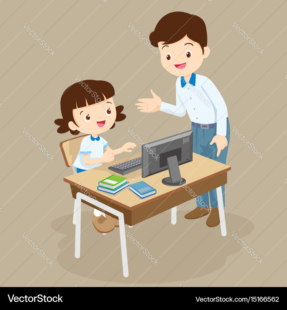 Teacher teaching computer to student girl Vector Image
