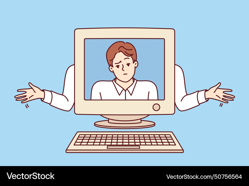 Old computer with disappointed man on screen Vector Image