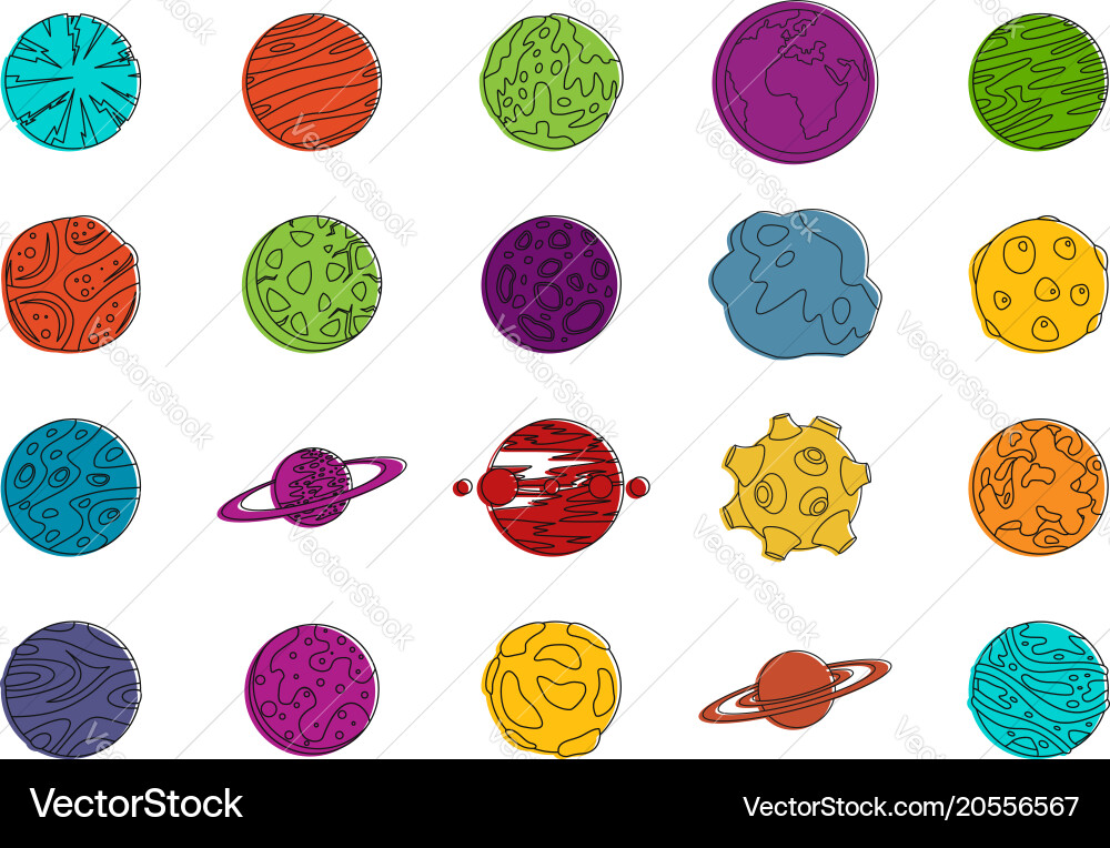 Planet icon set color outline style Royalty Free Vector