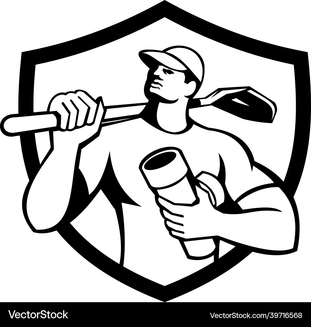 Drainlayer holding pipe shovel shield retro black Vector Image