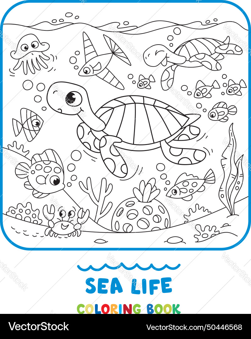 Sea theme turtle coloring book kids Royalty Free Vector