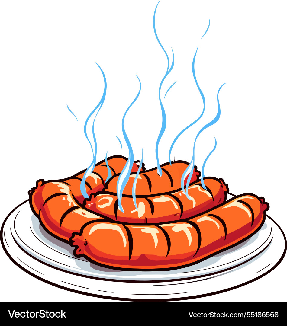 Steaming hot sausages freshly cooked on white Vector Image
