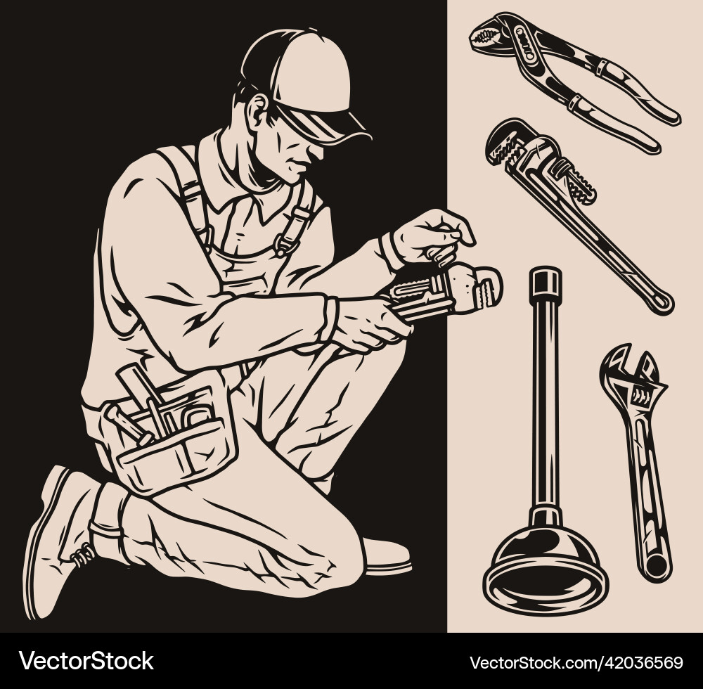 Monochrome elements set with plumber Royalty Free Vector