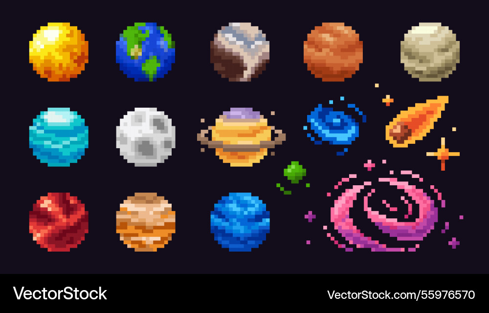 Colorful pixel art planets with meteor and galaxy Vector Image