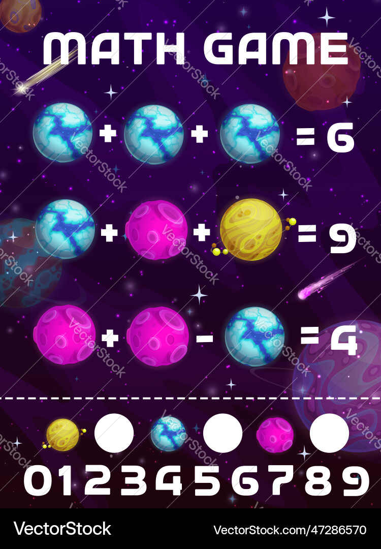 Math game worksheet cartoon space planets stars Vector Image