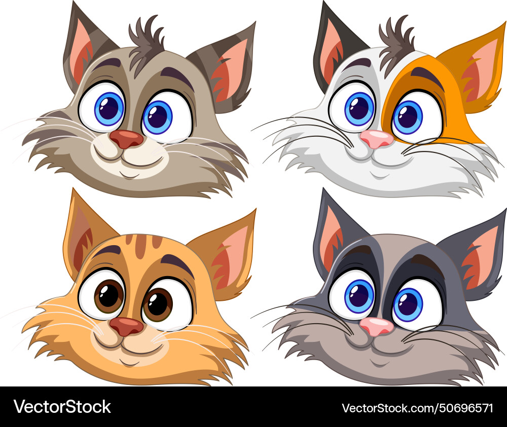 Four stylized cartoon cat faces with different Vector Image