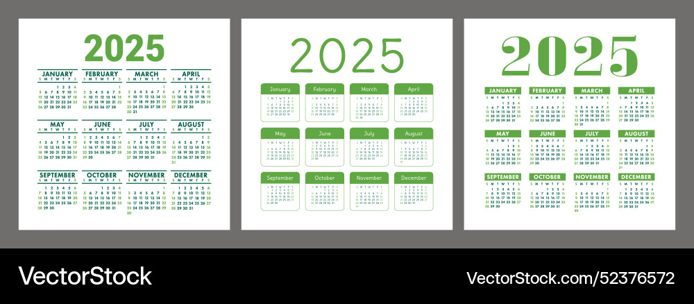 Calendar 2025 english green set square wall Vector Image