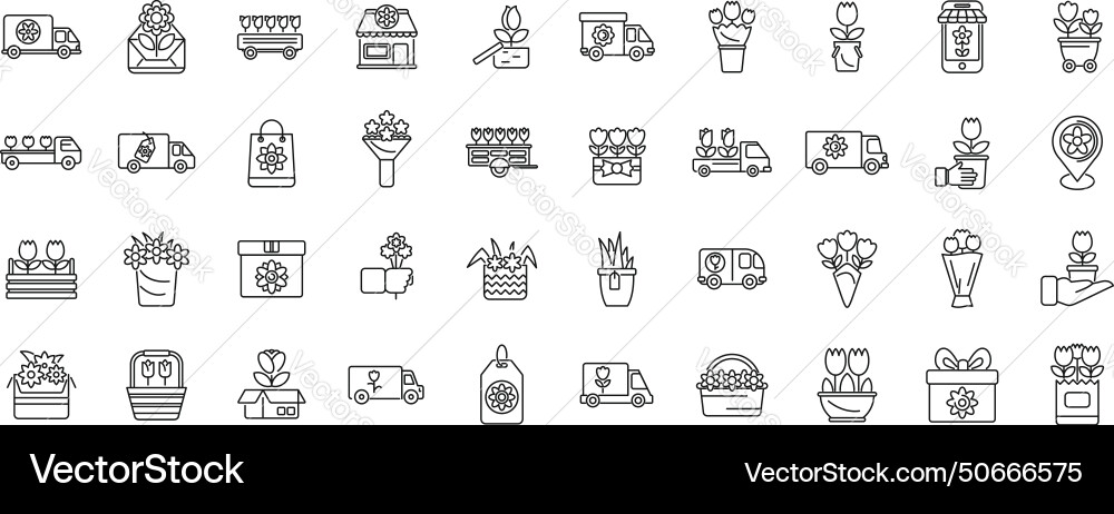 Flower delivery icons set outline Royalty Free Vector Image