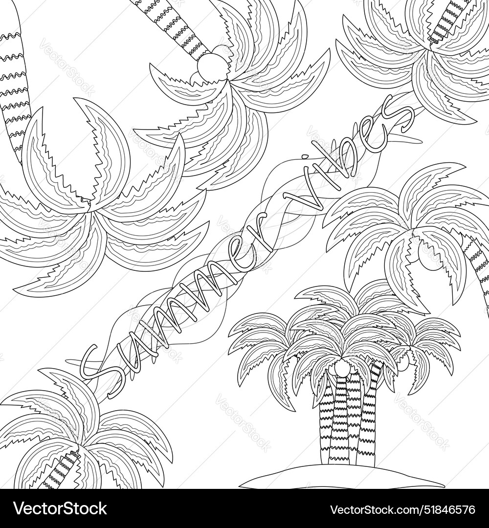 Summer vibes palm trees coloring page Royalty Free Vector