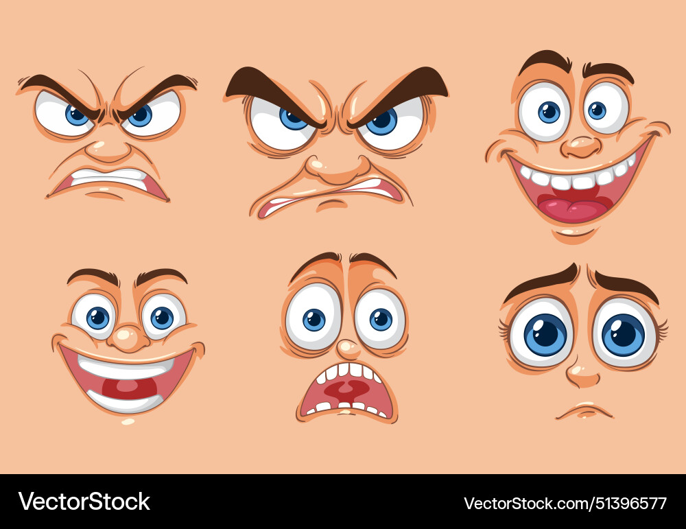 Six cartoon faces showing various emotions Vector Image