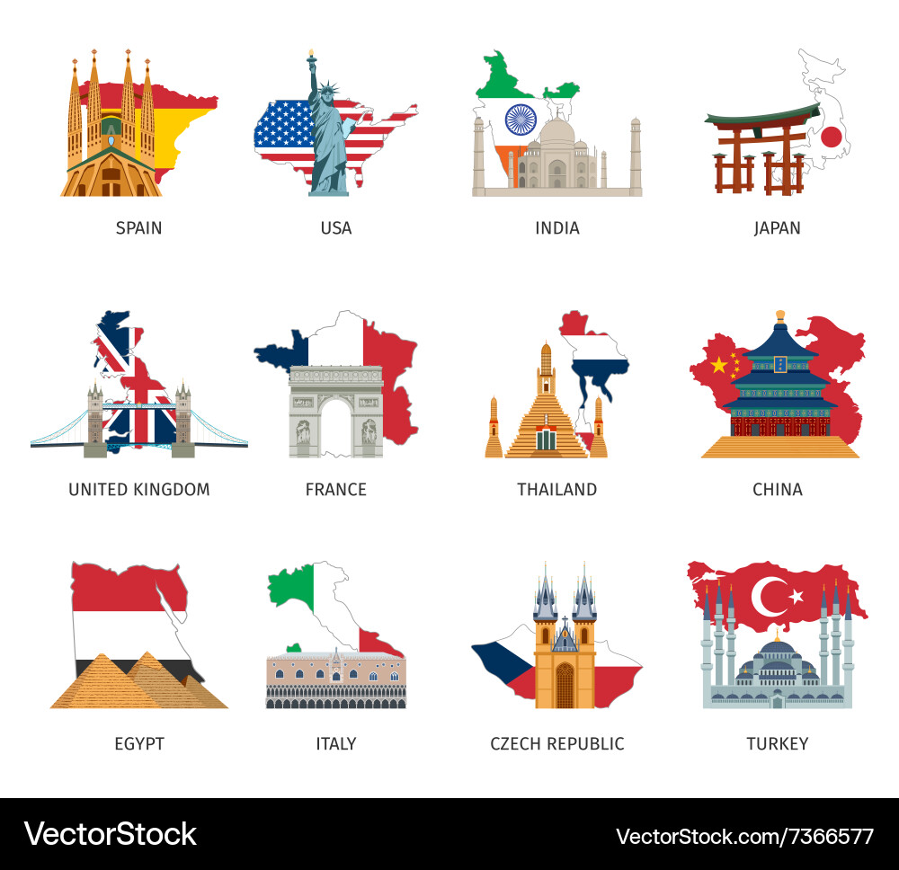 World Flags & Landmarks Icons Royalty Free Vector Image
