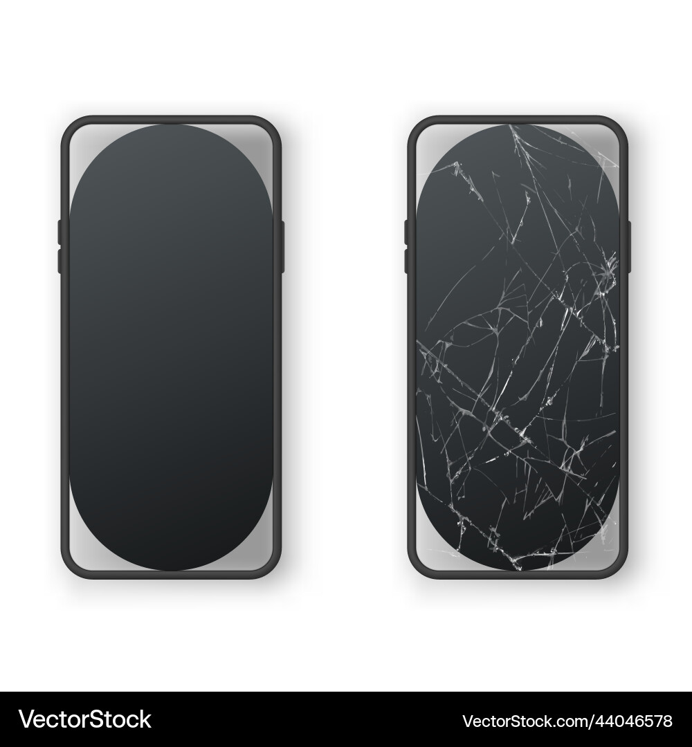 Broken and intact black phone screen front view Vector Image