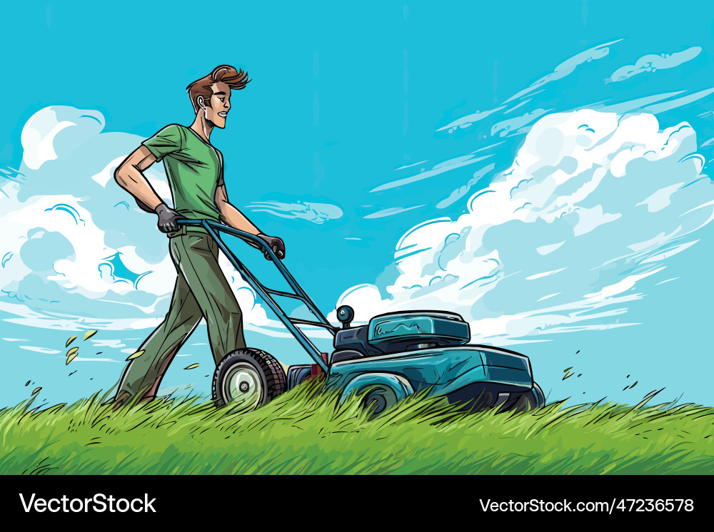 Man mowing lawn cartoon ai generated Royalty Free Vector