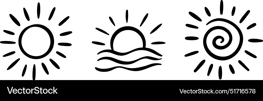 Sun doodle icon set hand drawn Royalty Free Vector Image