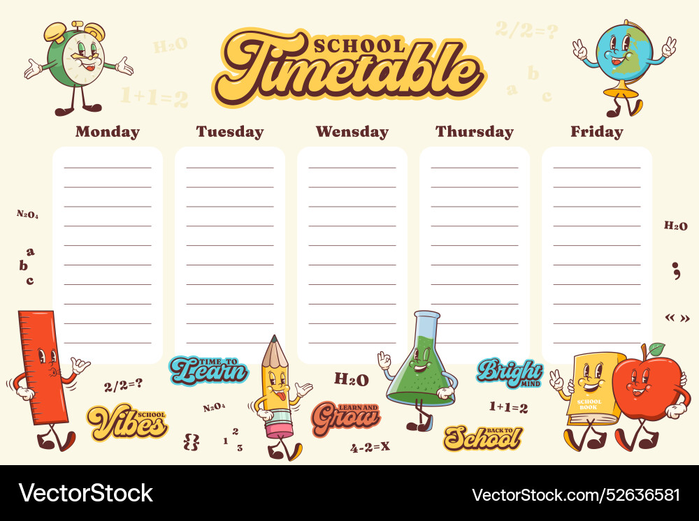 Groovy back to school retro characters timetable Vector Image