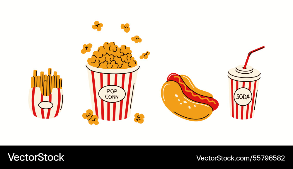 Cinema snacks collection with popcorn and soda Vector Image