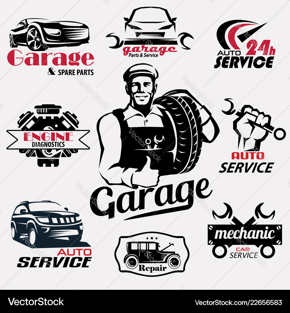 Auto service and garage retro emblems labels Vector Image