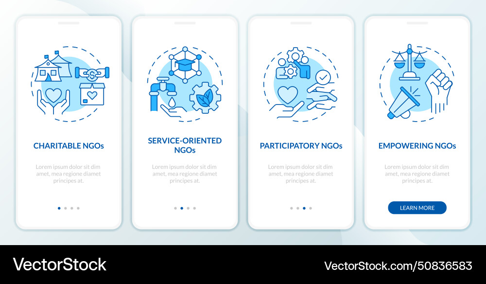 Categories of ngos blue onboarding mobile app Vector Image