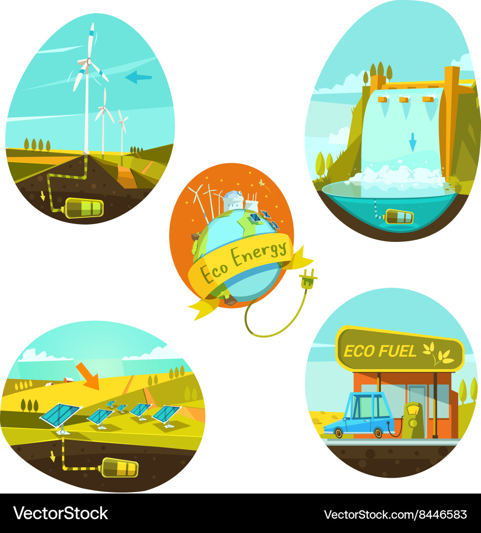 Ecological energy cartoon set Royalty Free Vector Image