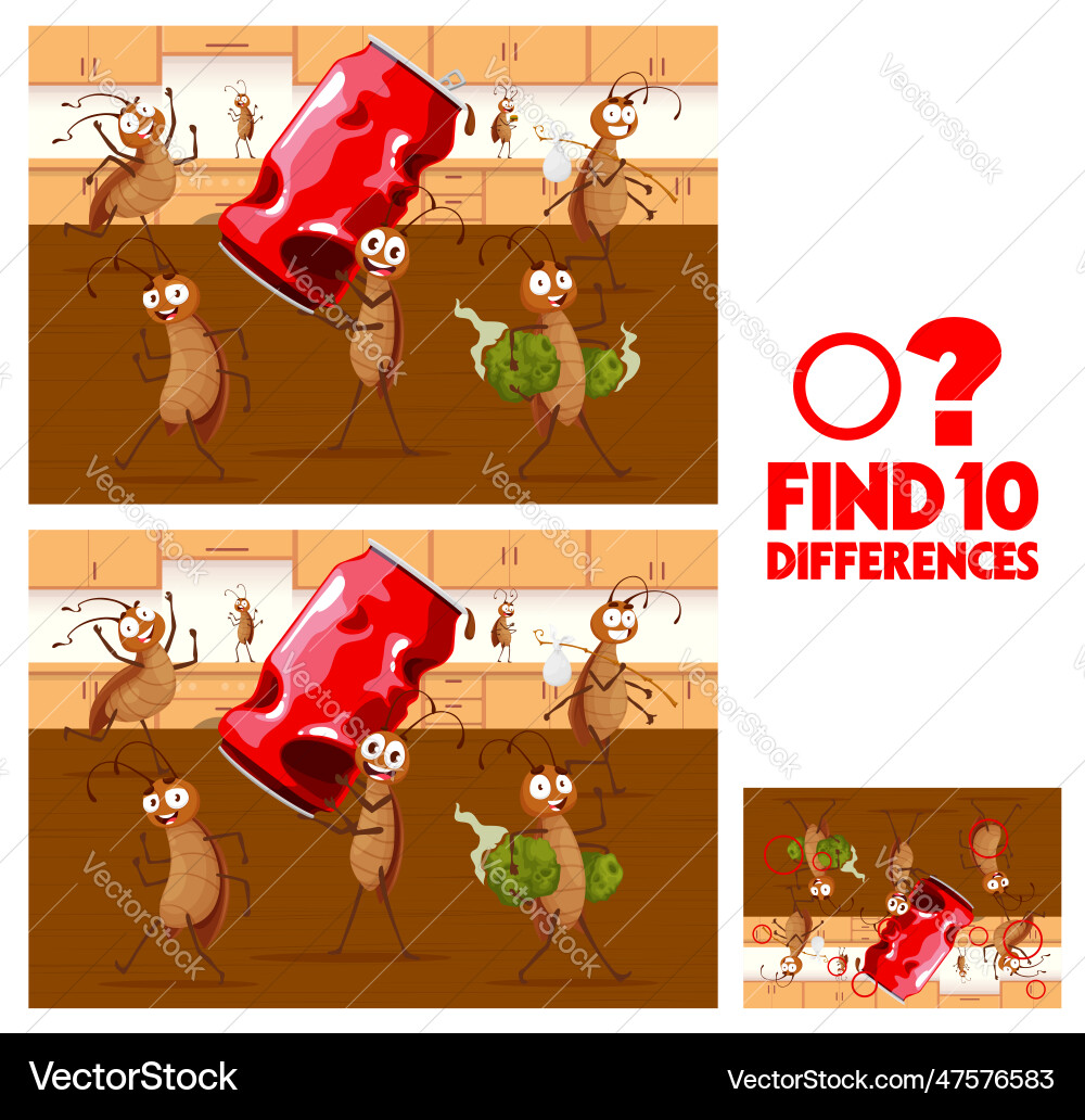 Find the Ten Differences: Cockroach Game Vector Image