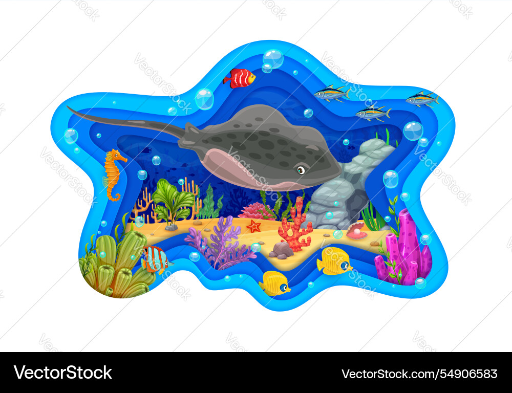 Paper Cut Underwater Landscape Stingray And Fish Vector Image