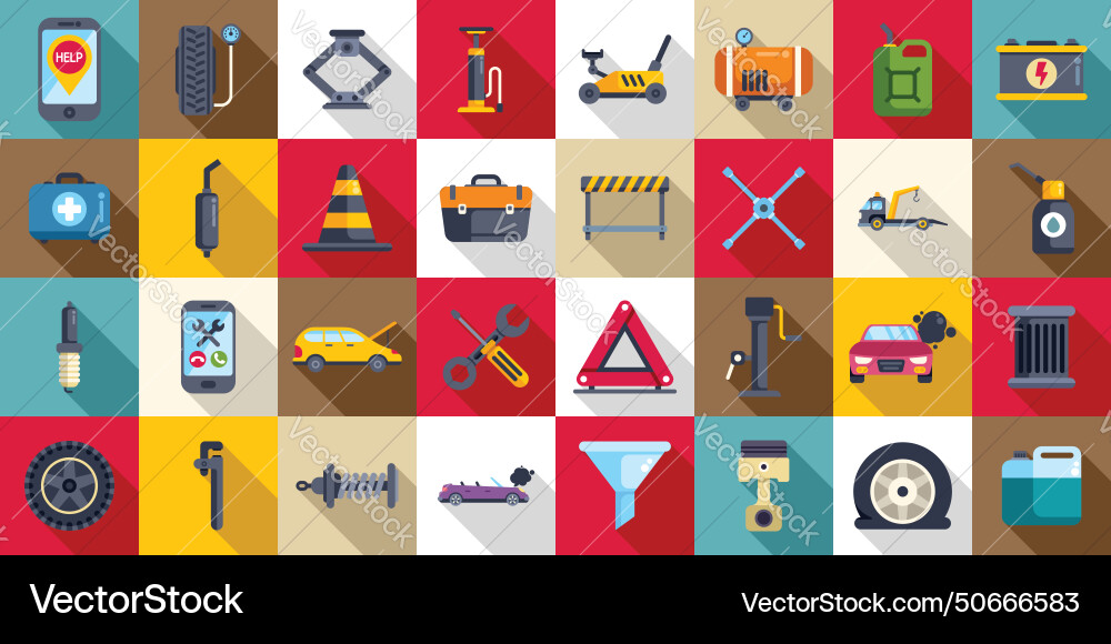 Roadside assistance icons set flat car Royalty Free Vector