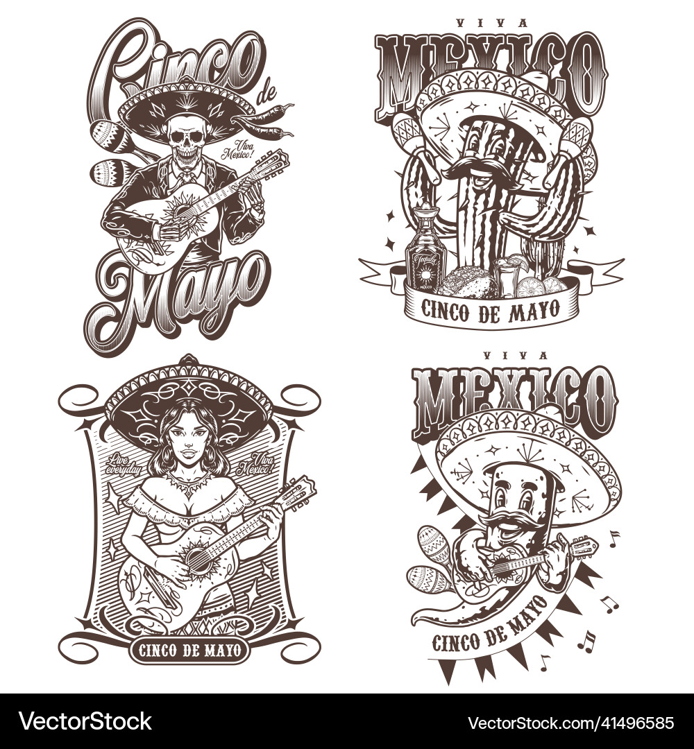 Mexican party monochrome labels set Royalty Free Vector